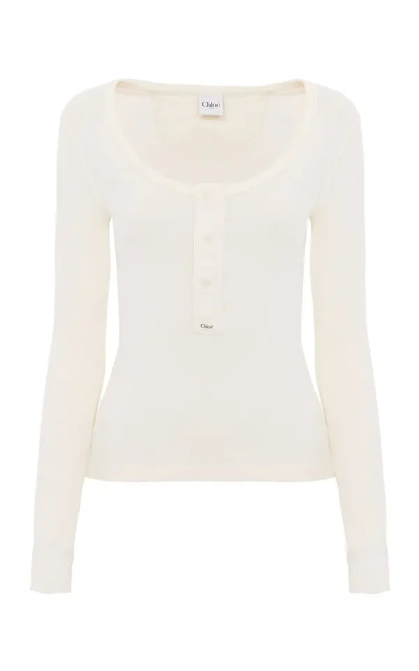 Chloé Cotton Jersey Ribbed Henley Top - Ivory