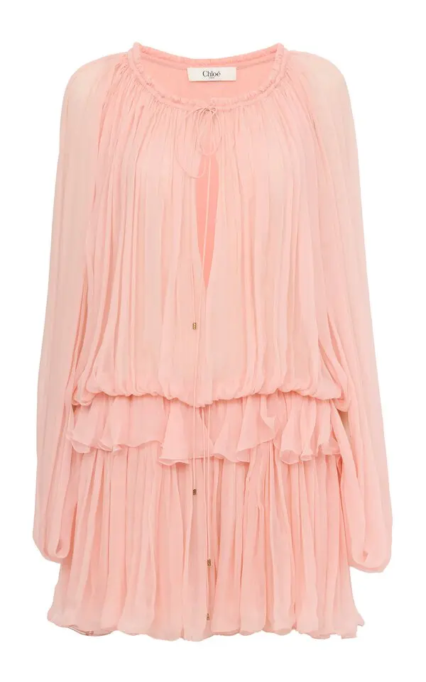 Chloé Tiered Organic Silk Mousseline Mini Dress - Pink