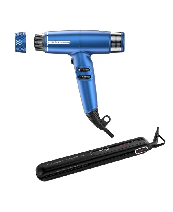 GA.MA ITALY PROFESSIONAL Iq Lite Perfetto Hair Dryer Bundle G-evo Silk Chrome Titanium Flat Iron - Blue