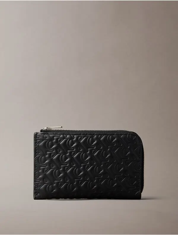 Calvin Klein Embossed Allover Monogram Zip Wallet - Black