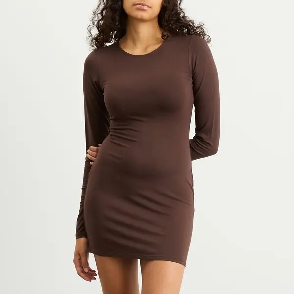knee length dresses for ladies Durrani Sheer Embellished Scoop Neck Angled Hem Mini Dress in Almond main image 1