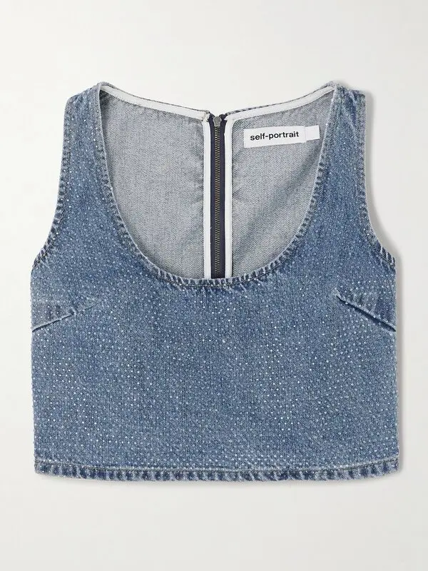 SELF-PORTRAIT Cropped Crystal-embellished Denim Top