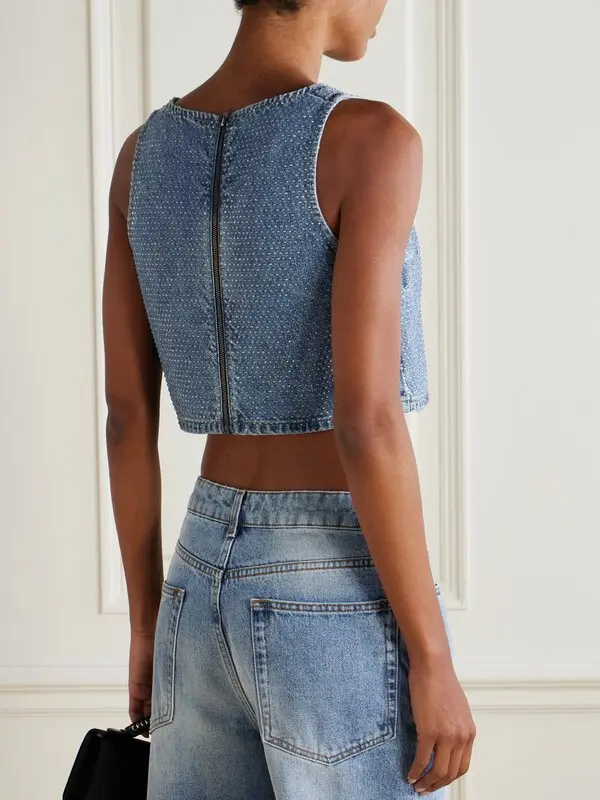 SELF-PORTRAIT Cropped Crystal-embellished Denim Top