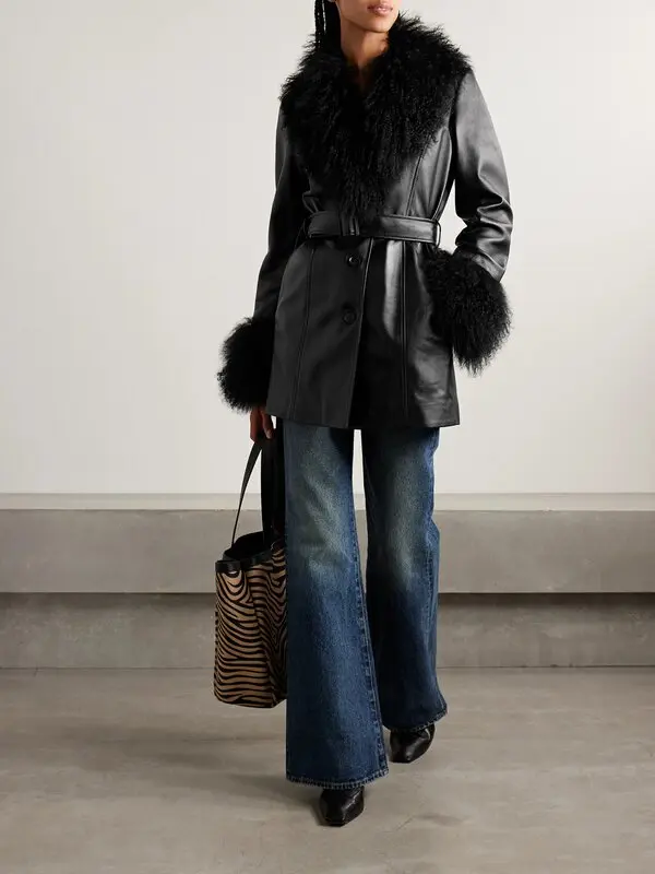 NILI LOTAN Sefa Belted Shearling-trimmed Leather Jacket