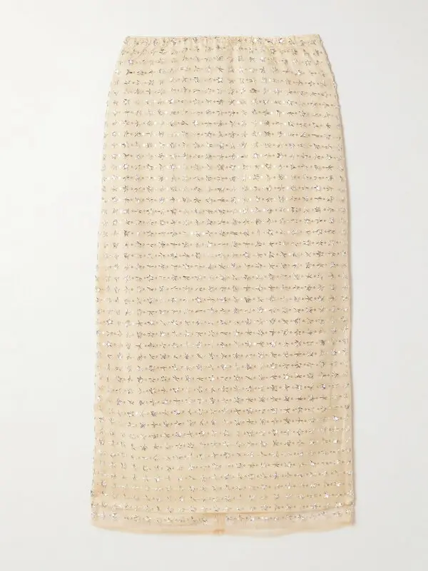 Staud Ciara Embellished Tulle Midi Skirt - Neutrals