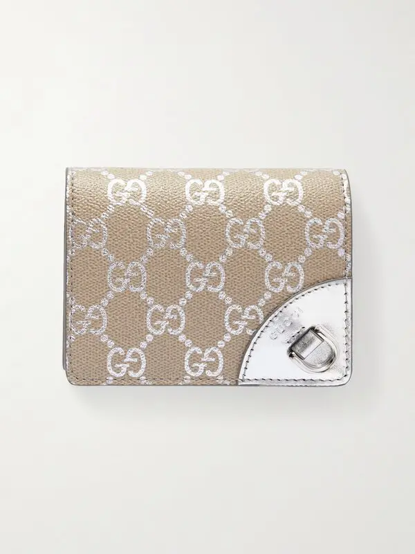 Gucci Gg Emblem Small Metallic-trimmed Printed Textured-leather Wallet - Silver