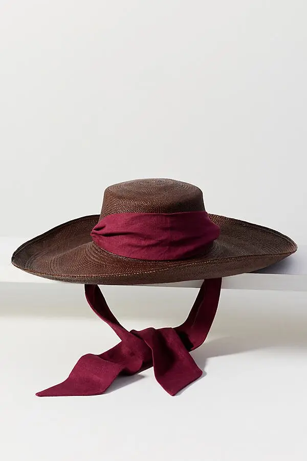 SENSI STUDIO Wide Brim Straw Hat With Ribbon Tie - Chocolate/wine