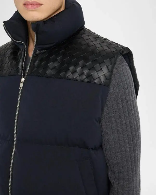 Bottega Veneta Tech Puffer Vest With Intrecciato Leather - Midniteblu