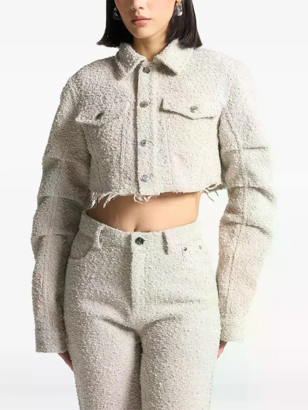 Manière De Voir Cropped Bouclé Jacket With Distressed Hem - Neutrals