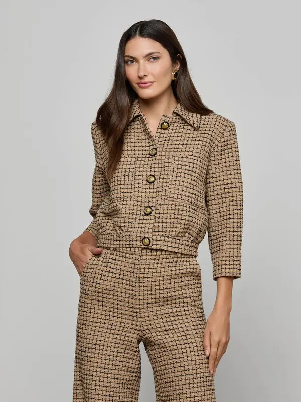 L'Agence Jia Cropped Tweed Jacket - Chai Latte/black