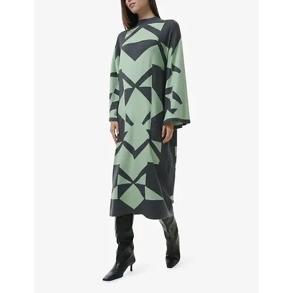 Leem Geometric-Intarsia Knitted Modal And Wool-Blend Kaftan Dress - Grey