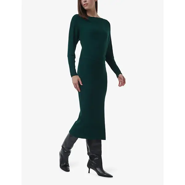 Leem Womens Green Boat-Neck Ribbed-Knit Midi Dress L