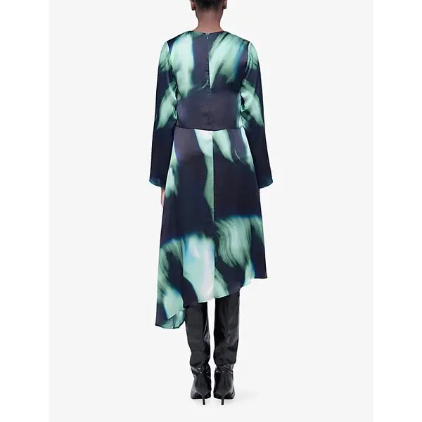 LEEM Printed Asymmetric-paneled Silk Midi Dress