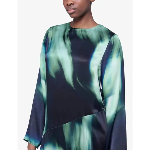 LEEM Printed Asymmetric-paneled Silk Midi Dress