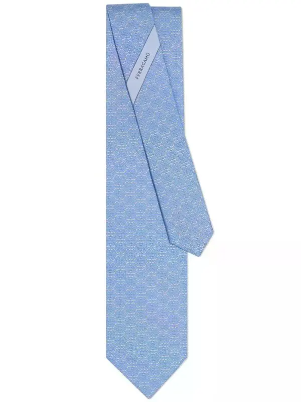 FERRAGAMO Gancini Print Neck Tie - Blue