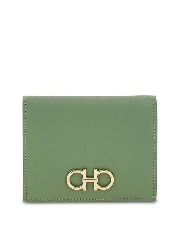 FERRAGAMO Gancini Compact Leather Wallet - Seagrass