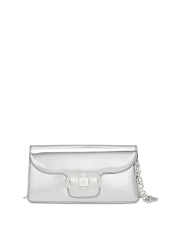 FERRAGAMO Double Gancini Mini Metallic Leather Chain Bag - Argento