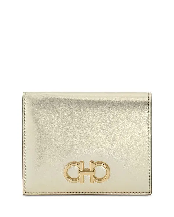 FERRAGAMO Gancini Compact Metallic Leather Wallet - Champagne