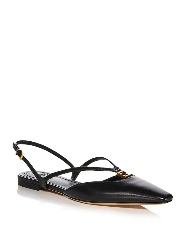 Fendi Pointed Leather Slingback Flats - Black