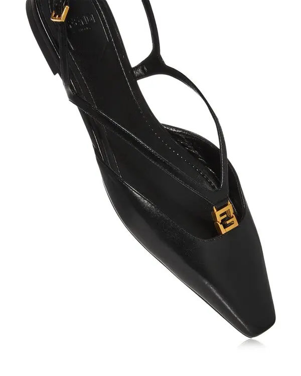 Fendi Pointed Leather Slingback Flats - Black
