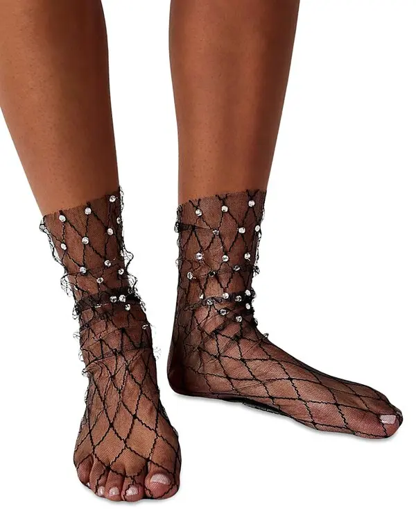 HIGH HEEL JUNGLE Faux Diamonds & Pearls Sheer Socks - Black
