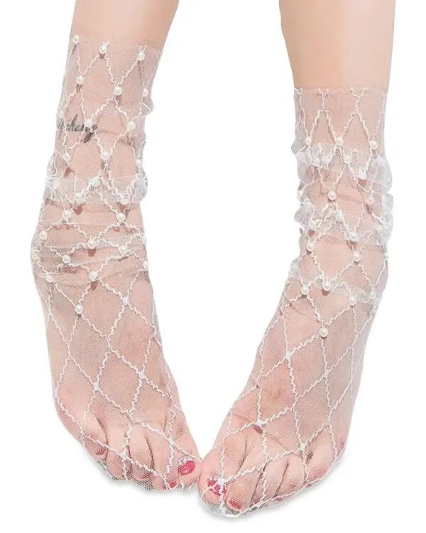 HIGH HEEL JUNGLE Faux Diamonds & Pearls Sheer Socks - White
