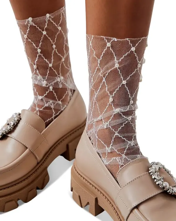HIGH HEEL JUNGLE Faux Diamonds & Pearls Sheer Socks - White