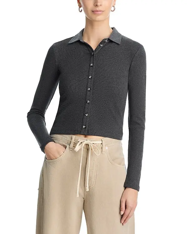 PERFECTWHITETEE Amee Luxe Ribbed Button Polo - Charcoal