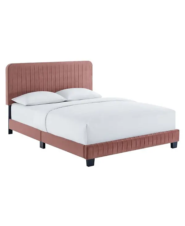 MODWAY Celine Channel Tufted Performance Velvet Platform Bed, King - Dusty Rose