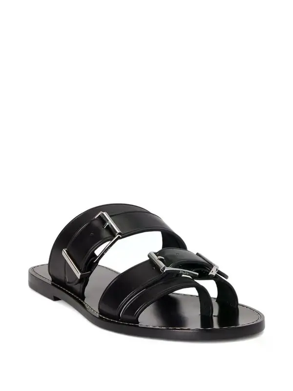 Polo Ralph Lauren Leather Embossed Pony Logo Flat Slip-on Sandals - Black