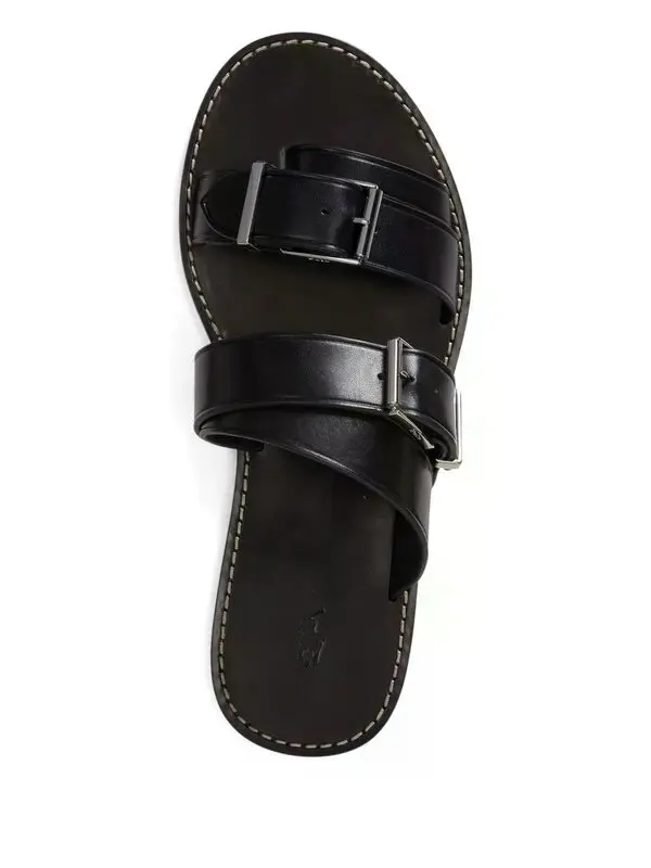 Polo Ralph Lauren Leather Embossed Pony Logo Flat Slip-on Sandals - Black
