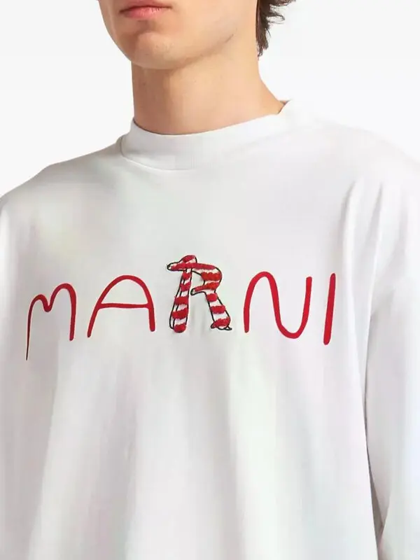 Marni Cotton T-shirt With Flocked Animal Alphabet Logo - White