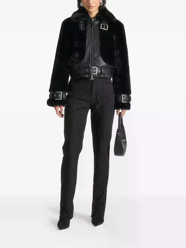 Manière De Voir Deya Plush & Faux Leather Belted Jacket - Black