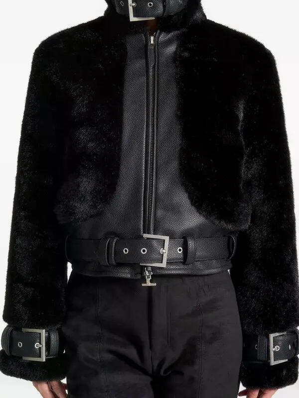 Manière De Voir Deya Plush & Faux Leather Belted Jacket - Black