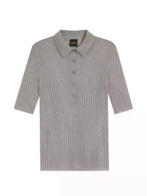 BOSS Ribbed Button Polo Top - Grey