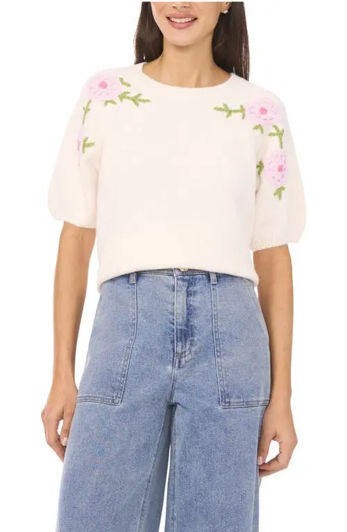 CECE DUPRAZ Floral Embroidered Short Sleeve Sweater - Birch