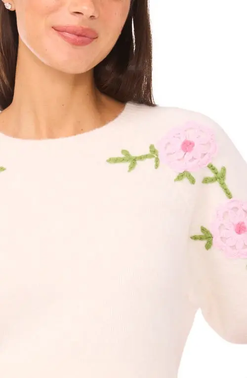 CECE DUPRAZ Floral Embroidered Short Sleeve Sweater - Birch