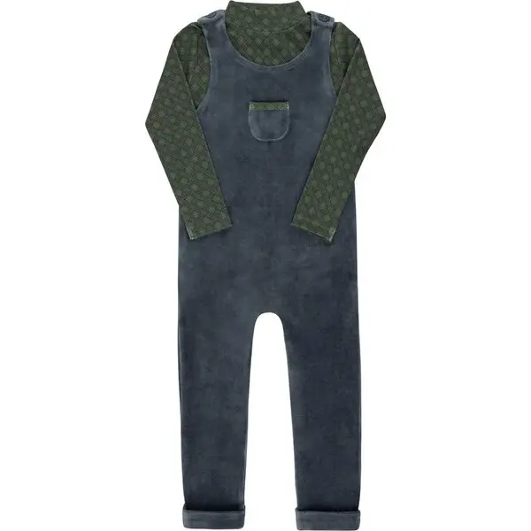 ELY'S & CO. Velour Plaid Bear Collection Overalls And Turtleneck - Blue