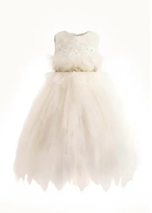 TULLEEN Feathered Tulle Party Dress - Cream