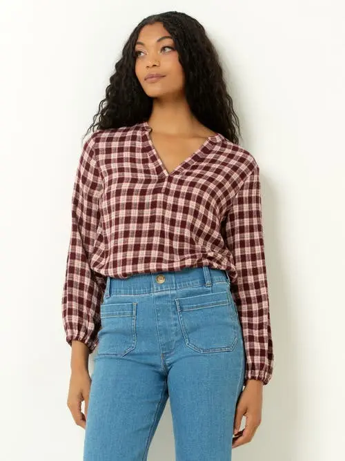 SINGLE STITCH Plaid V-neck Peasant Blouse - Port Royale