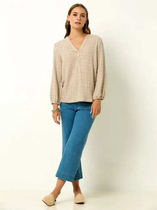 SINGLE STITCH Plaid V-neck Peasant Blouse - Port Royale