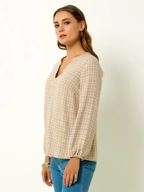 SINGLE STITCH Plaid V-neck Peasant Blouse - Port Royale