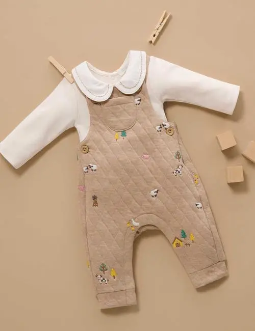 PUREBABY Quilted Overall And Bodysuit Set - Farm Friends Broderie
