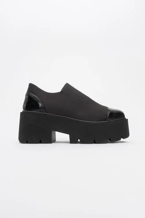 PROLOGUE SHOES Grena Platform Slip-on Shoes - Black Patent Faux Leather