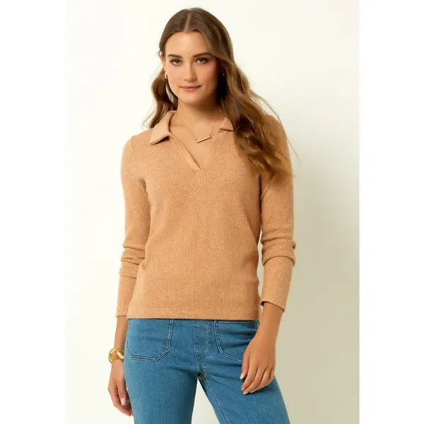 SINGLE STITCH Classic Ribbed V-neck Sweater With Collar - Macaroon