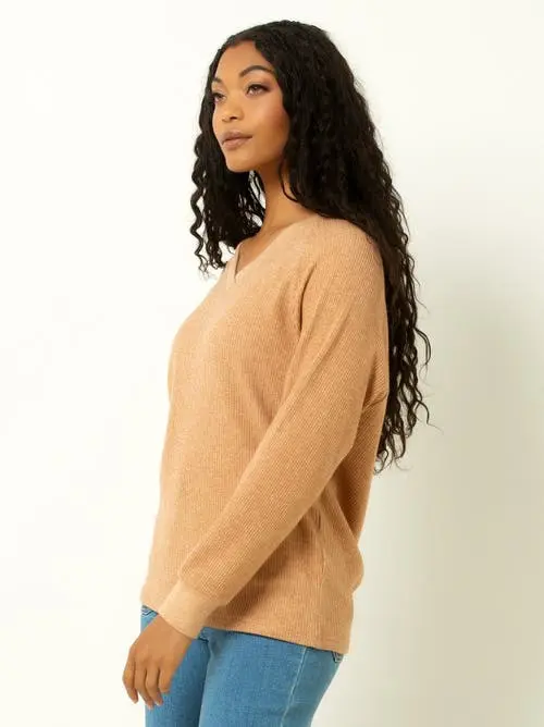 SINGLE STITCH Ribbed V-neck Sweater - Macaroon