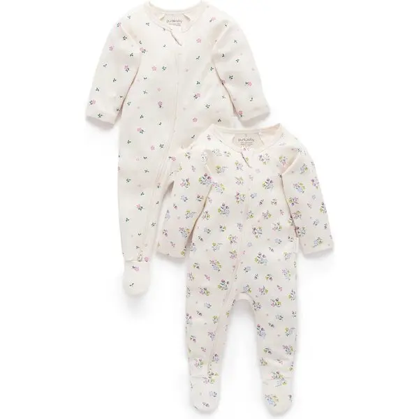PUREBABY 2-pack Printed Zip Footies - Cherry Blossom Print