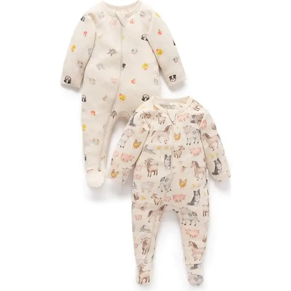 PUREBABY 2-pack Printed Zip Footies - Farm Animals Print