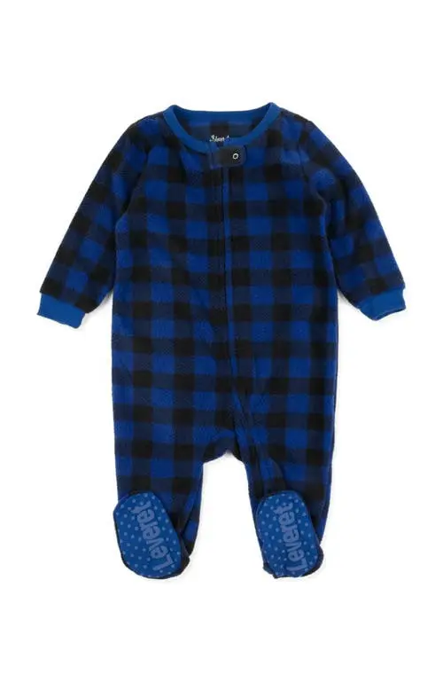 LEVERET Fleece Footed Printed Pajamas - Plaid Black & Navy