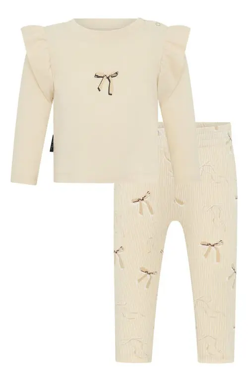 TINY TRIBE Bow Print Ruffle Top & Stripe Leggings Set - Cream